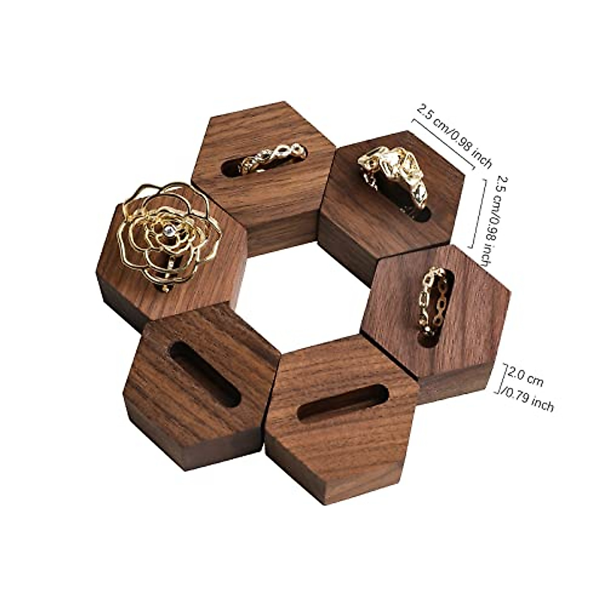 GemeShou 6pcs Wood Jewelry Ring Storage organizers, Hexagon Retail ring display slot stand, Small walnut Jewelry ring holder tray for Girl Woman Room Decoration【Walnut - Hexagon 6pcs】
