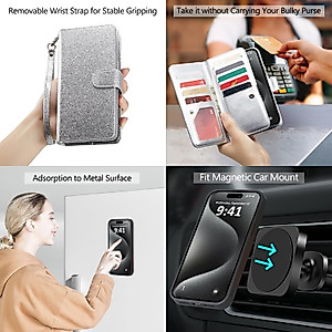 Varikke for iPhone 15 Pro Wallet Case, Detachable iPhone 15 Pro Case Magnetic Wallet for Women with Card Holder & Kickstand, Glitter PU Leather Wrist Strap Phone Cases for iPhone 15 Pro 6.1", Silver