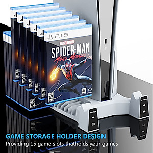 PS5 Vertical Stand Cooling Fan for PS5 Console and Playstation 5 Digital Edition, PS5 Accessories Stand with Dual Controller Charging Station, 2-in-1 Cable and 15 Game Storager