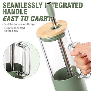 MUKOKO Glass Cups With Lids and Straws, 20oz Glass Tumbler with Straw and Handle, Iced Coffee Cups with lids - Bamboo Lid & On the Go Lid, Smoothie Cup Leak Proof Tumbler with Silicone Sleeve - Olive