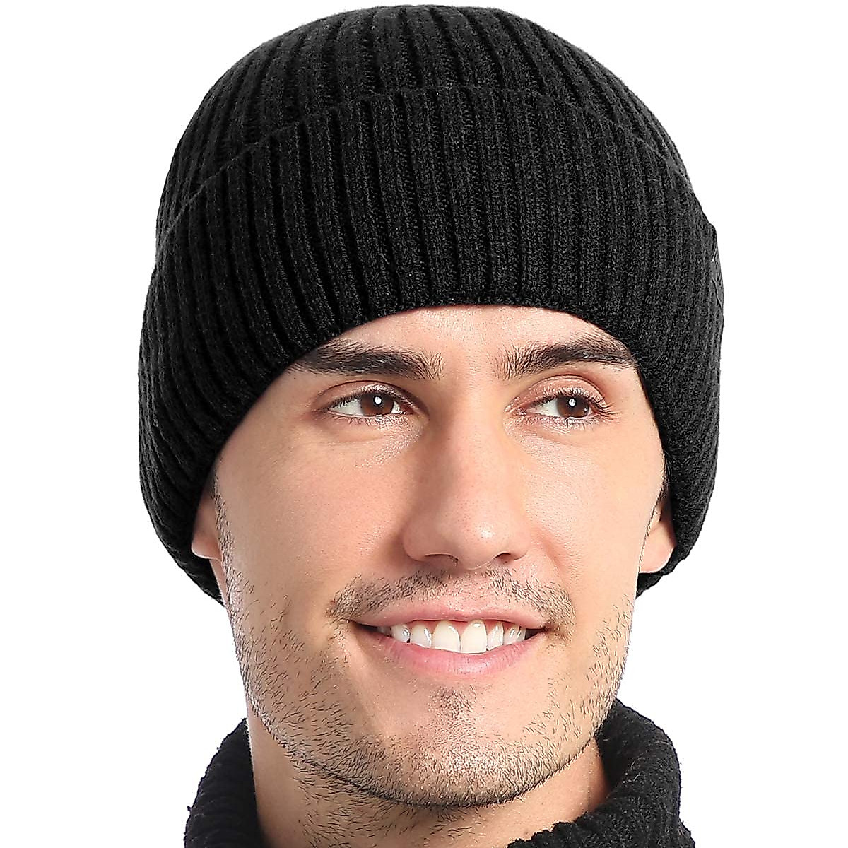 Vgogfly Lined Men Beanie Slouchy Knit Skull Cap Warm Stocking Hats Guys Women Striped Winter Beanie Hat Black