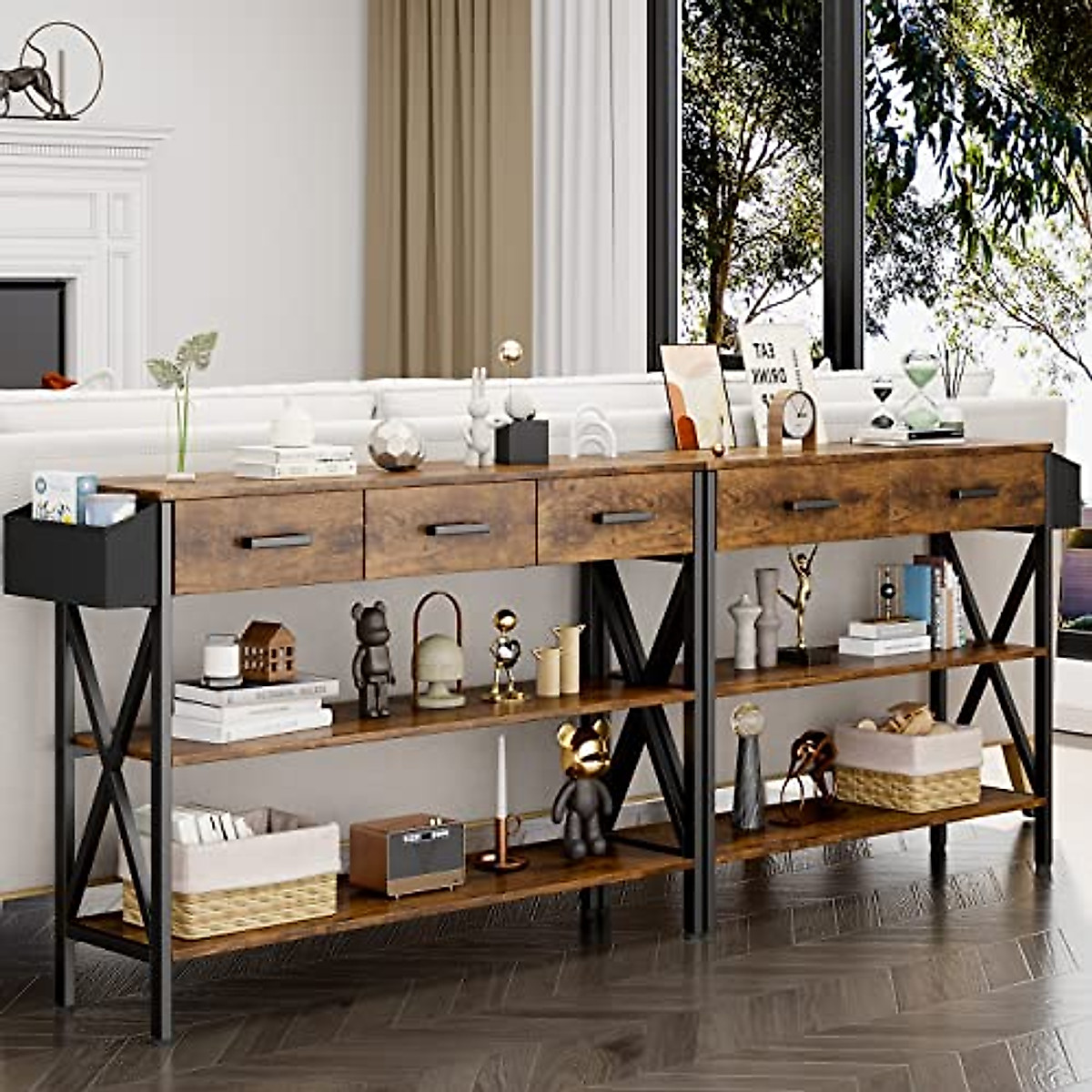 Gizoon 47" Console Table with 3 drawers, Industrial Entryway Table with 3 Tier Storage Shelves, Narrow Long Sofa Table for Entry Way, Hallway, Couch, Living Room, Kitchen, Rustic Brown