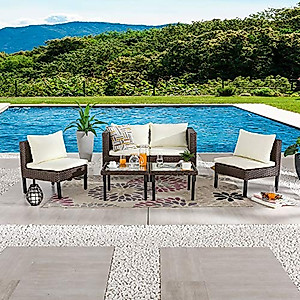 LOKATSE HOME 6 Pieces Patio Furniture Outdoor All Weather Wicker Conversation Sets with Brown Rattan Sofa Chair, Cushions and Coffee Glass Table, Beige
