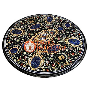 Black Marble Round 42" Dining Table Top Lapis Inlay Design Hallway Restaurant Decor