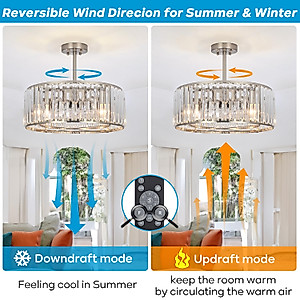 Luupyia Crystal Caged Brush Nickel Ceiling Fan with Light 18In, 6 Speed Reversible, 4Lights Crystal Fandelier Ceiling Fan with Light and Remote Silver Fandelier Low Profile 7 Bladeless E12