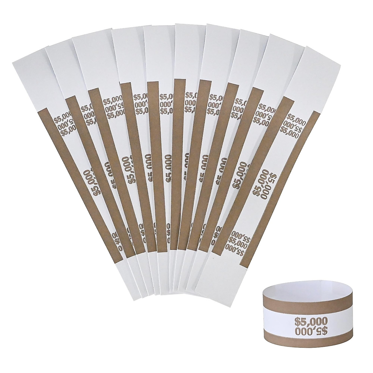 Currency Straps – Bill Wrappers, Money Bands to Organize Bills, ABA Standard Colors, Self-Adhesive, 7.5 x 1.15 Inches ($5000 / Brown)