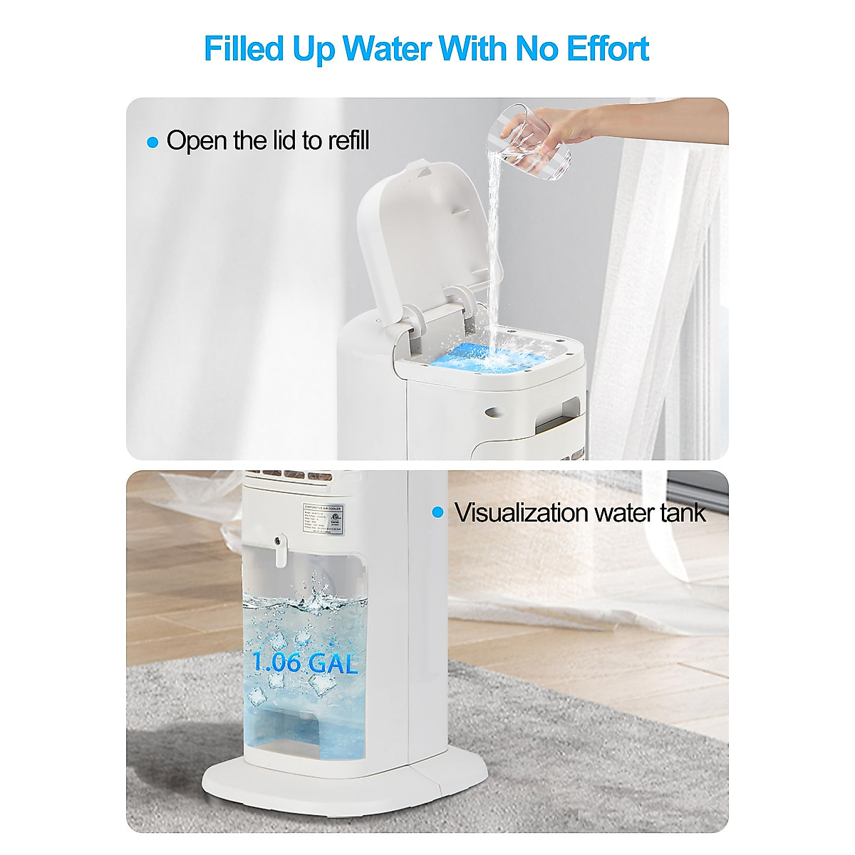 KEGIAN Cooling Fan That Blow Cold Air, Portable Evaporative Air Cooler, Swamp Cooler with 80°Oscillation, 3 Modes, 12H Timer, Remote, Bladeless Tower Fan for Home, Office, and Bedroom (41'')