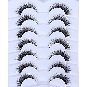 Wleec Beauty 12mm Cat Eye Eyeashes Clear Band 7 Pairs 3D Natural Wispy Lashes Fluffy Handmade Short Dramatic False Eyelash Pack CC67