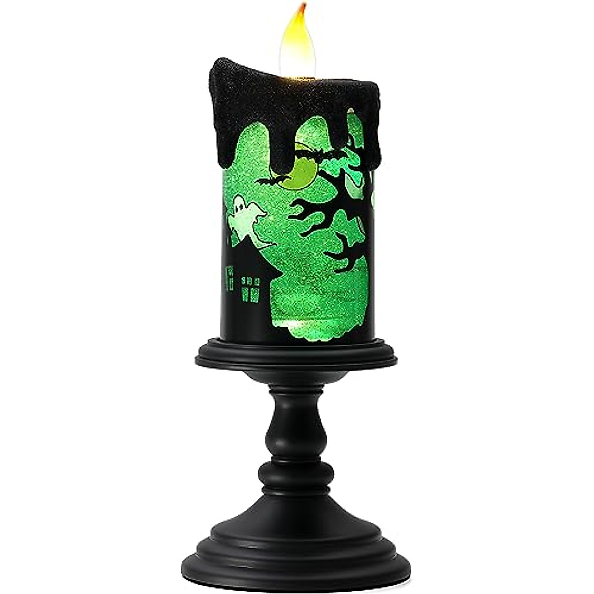 Halloween Snow Globe, Battery Operated Flameless Candle Snow Globe with 6 Hour Timer, Sparkly Glitter Candle Lantern Table Centerpiece for Home Indoor Halloween Decoration(Green)