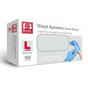Basic Vinyl Exam Gloves, Powder Free,Latex Free, Non-Sterile for Cleaning, Food Service and All Purposes Disposable Gloves BMPF3003 Box of 100Pcs (Large, Blue)