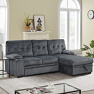 L-Shaped Sectional Sofa, YOGLAD Convertible Pull Out Bed, Sleeper Couch with Storage Lounge Chaise on Right hand side, Corner Sofa Bed with Cup Holder, 95", Furniture for Living Room (Polyester, Gray)