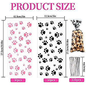 BLMHTWO 100Pcs Pet Paw Print Treat Bags, Dog Treat Bags Cellophane Treat Bags Paw Print Goodie Bags with 100 Silver Twist Ties for Pet Birthday Party Favor (50Pcs Balck & 50Pcs Pink)