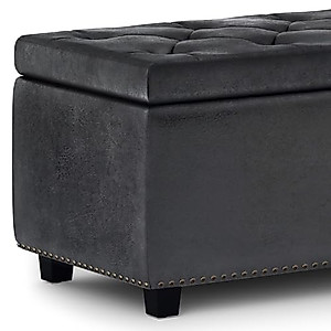 SIMPLIHOME Hamilton 48 inch Wide Rectangle Lift Top Storage Ottoman in Upholstered Distressed Black Tufted Faux Leather with Large Storage Space for Living Room, Entryway, Bedroom, Transitional