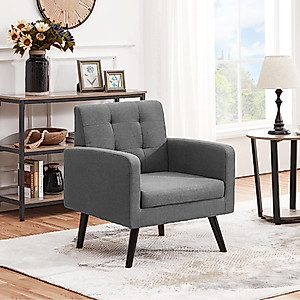 Yaheetech Modern Living Room Chair, Mid-Century Armchair Button Tufted Back and Wood Legs, Vintage Lounge Chair for Bedroom/Home Office/Study, Gray