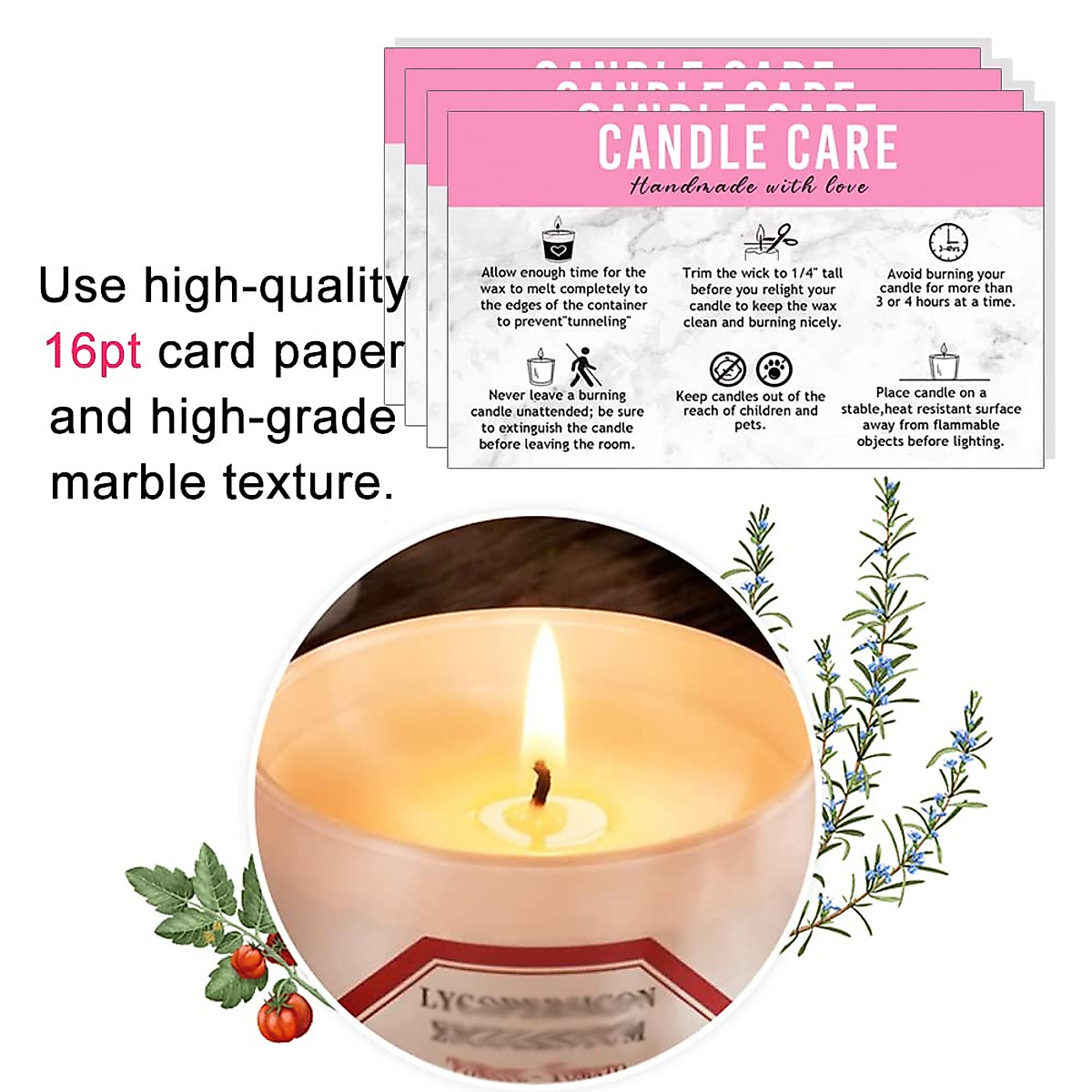Handmade Candle Care Instruction Card, Card, for Makers Soy Bees Wax Coconut Essential Oils Black with White, 50 Pack 3.5 x 2 inches (Pink)
