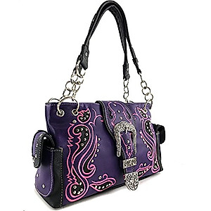 Justin West Concealed Carry Western Tritone Paisley Flower Buckle Embroidered Laser Cut Shoulder Handbag | Trifold Wallet (Purple Handbag & Wallet Set)