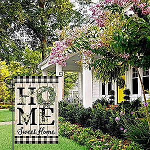 ORTIGIA Home Sweet Home Magnolia Small Garden Flag Burlap Vertical Double Sided Spring Farmhouse Rustic Buffalo Check Plaid Flower Home Decor for Yard Lawn Patio Outdoor