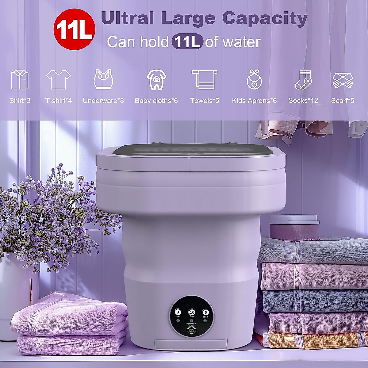SEMONE Portable Washing Machine,11L Folding Mini Washer with 3 Modes Deep Cleaning of underwear, baby clothes, Foldable Washing Machine for apartments, dormitories, hotel, WSHG123