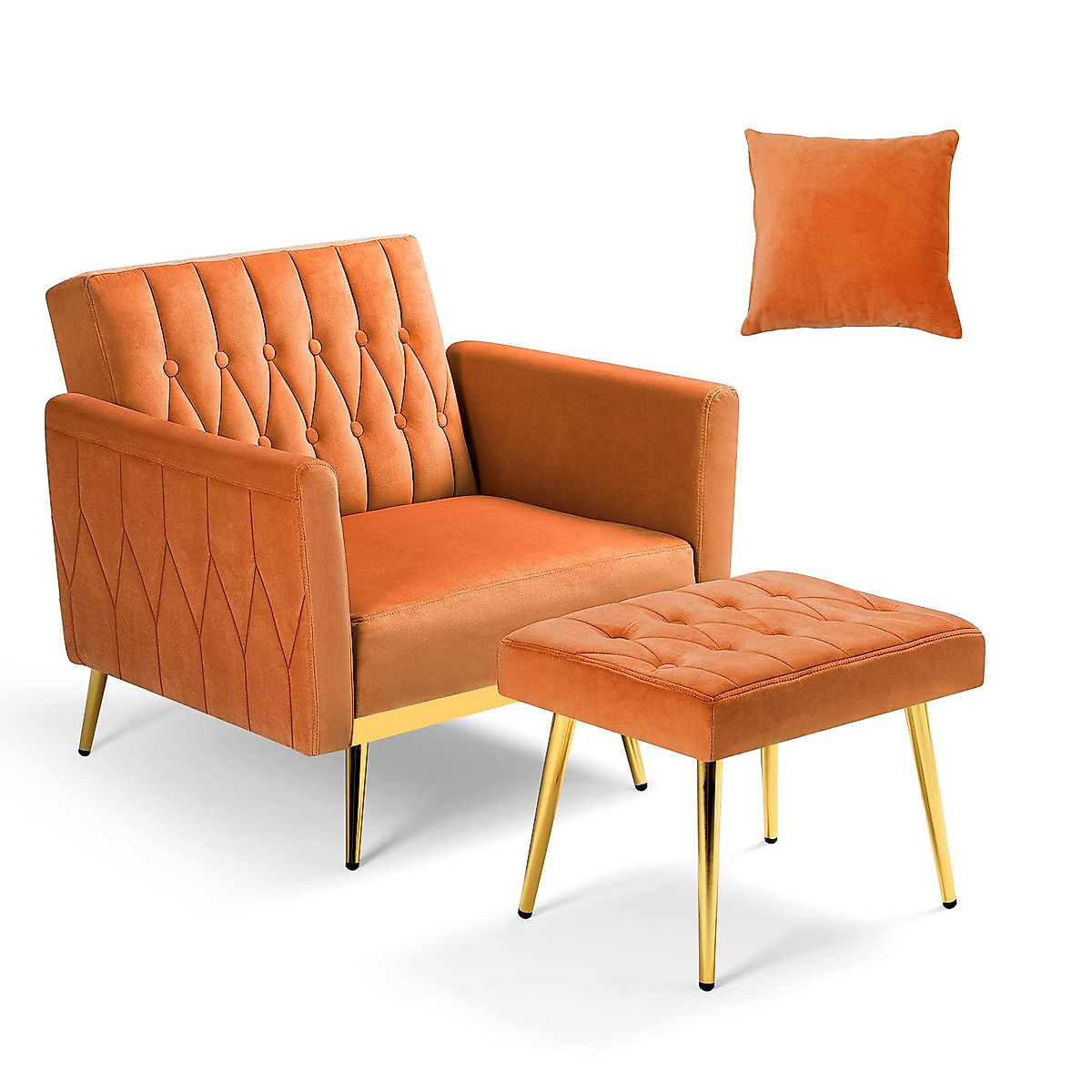 ACMEASE Velvet Accent Chair w/Adjustable Armrests and Backrest, Button Tufted Lounge Chair, Single Recliner Armchair with Ottoman and Pillow for Living Room, Bedroom,Orange