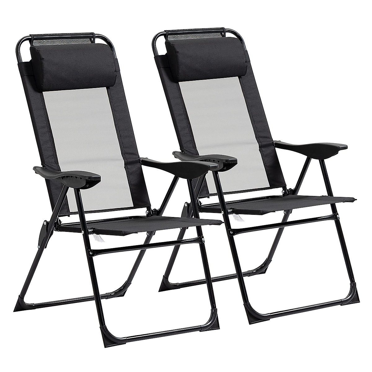 Outsunny Folding Patio Chairs Set of 2, Outdoor Deck Chair with Adjustable Sling Back, Camping Chair with Removable Headrest for Garden, Backyard, Lawn, Black