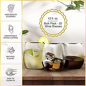 32 Pack Stemless Plastic Wine Glasses Disposable 12 Oz Gold Rim - Shatterproof Recyclable and BPA-Free, Stylish Drinkware for all Beverages, Cocktail Parties, Wedding Reception and Catered Events