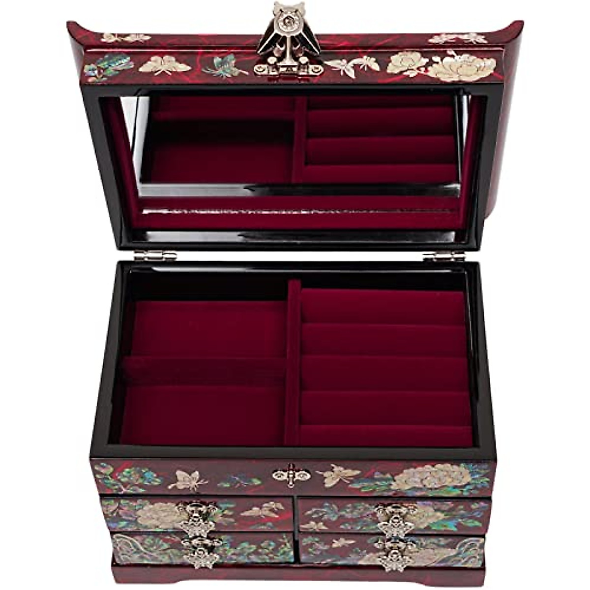 February Mountain Mother of Pearl Wooden Jewelry Organizer Box – Jewelry Storage Box for Women, Features Spacious Drawers, Ideal for Rings, Bracelets, Watches, Chains, Accessories (Peony_Red)