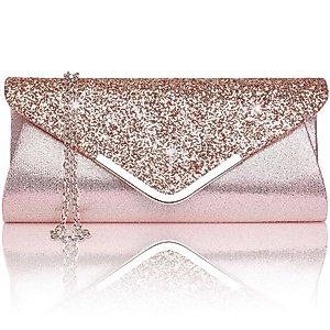 Women Evening Envelope Handbag Prom Sequin Clutch Purse Shoulder Cross Body Bag (Pink)