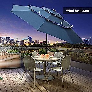 Klismos 10FT 3 Tiers Patio Umbrella with Lights Windproof Outdoor Market Umbrella Large Waterproof Table Umbrella with Tilt and Crank (Navy Blue)