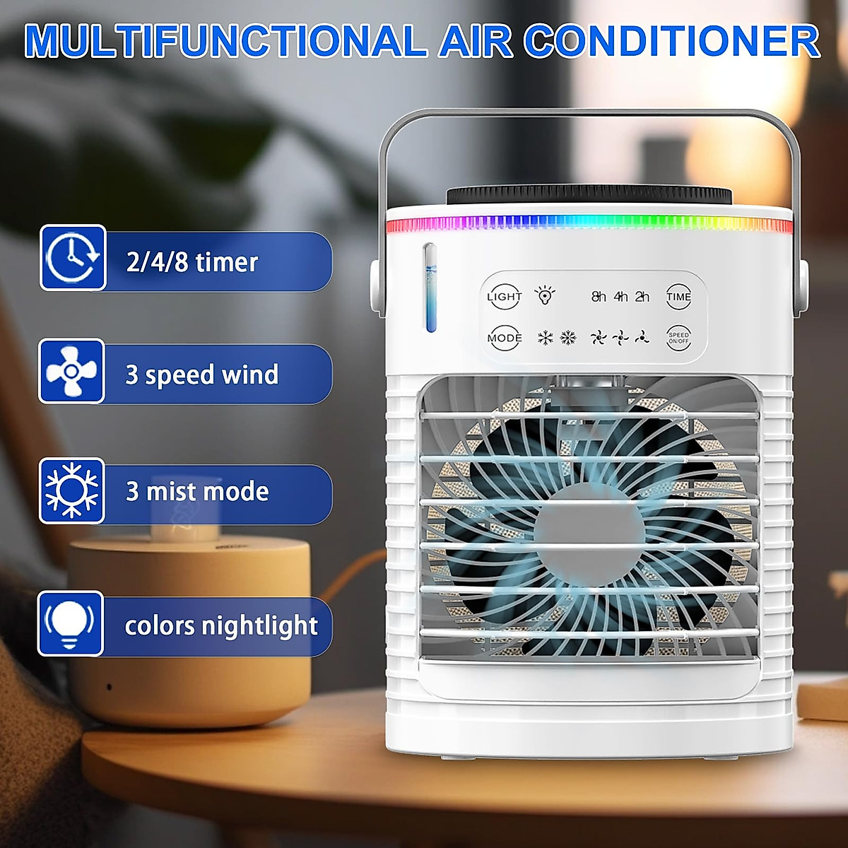 Azoiito Portable Air Conditioners,Small Air Conditioner with 2 Mist&3 Timer&7 Colors Night Light,Evaporative 3 Speed Personal Air Cooling Fan,Mini Desk Air Cooler AC Fan for Car, Office Camping