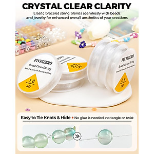 6 Rolls FIVEIZERO Elastic Bracelet String Cord, 0.4mm, 0.5mm, 0.6mm, 0.7mm, 0.8mm, 1mm Crystal Clear Stretchy Elastic Bead String for Bracelets, Jewelry Making and Clay Pony Seed Stone Beads Beading