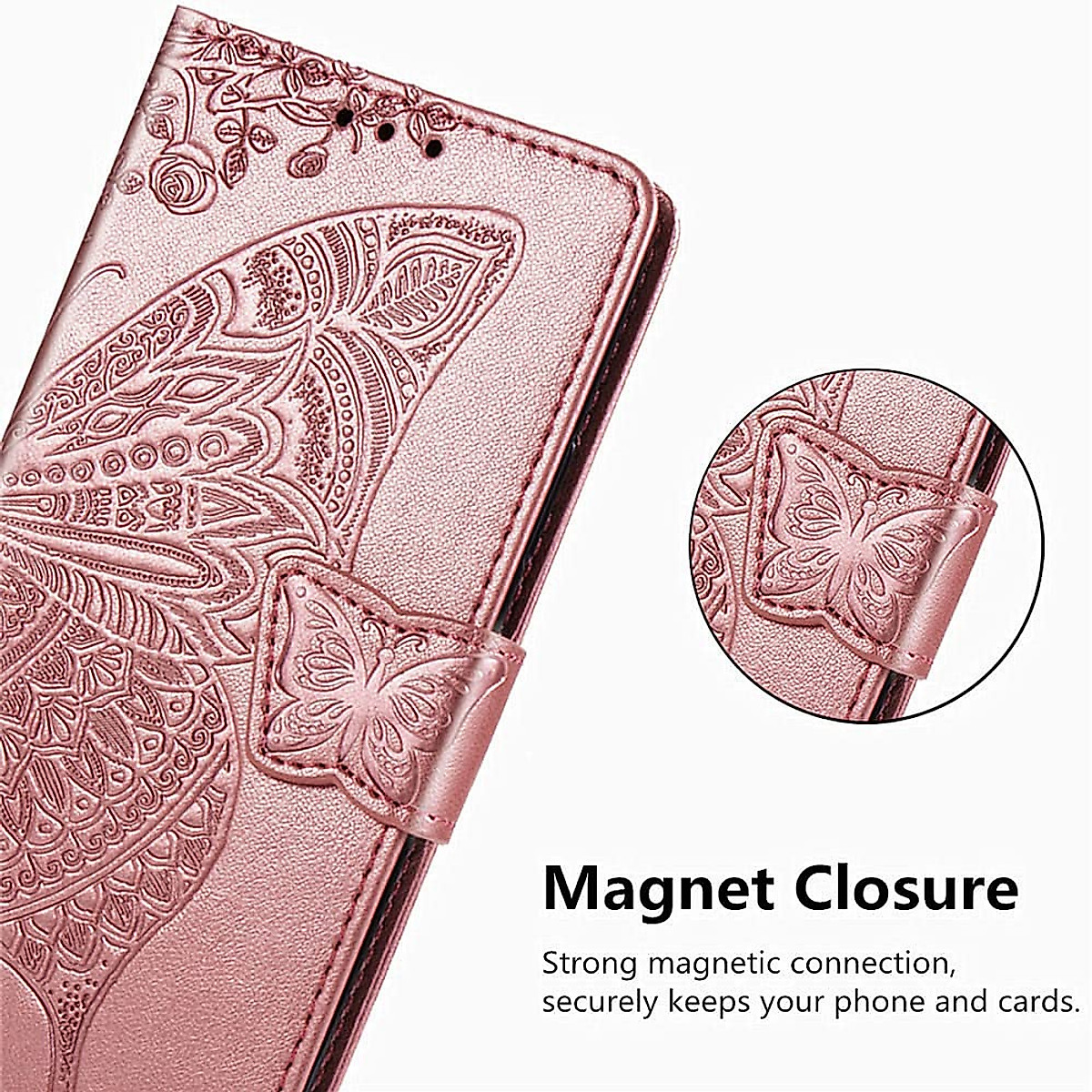 ROPIGO for Samsung Galaxy S21 FE 5G Wallet Case, Embossed Butterfly Premium PU Leather [Kickstand] [Card Slots] [Wrist Strap] [6.4 inch] Phone Cover for Samsung S21 FE (A1-Rose)