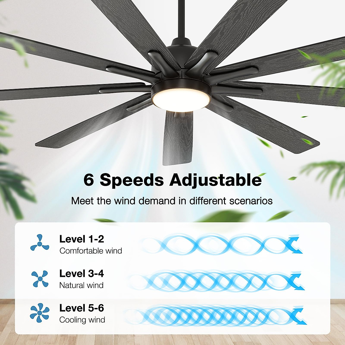 warmiplanet Ceiling Fan with Lights Remote Control, 62-Inch, Silent DC Motor, 6 Speed, Dimmable LED Light, Black(9-Blades)