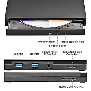 ROOFULL External CD DVD Drive USB 3.0 & USB-C CD & DVD Player Burner Portable CD/DVD +/-RW Disc Reader Writer with SD Card Slot and USB Ports for Laptop Desktop PC Windows 11/10, Apple Mac Computer