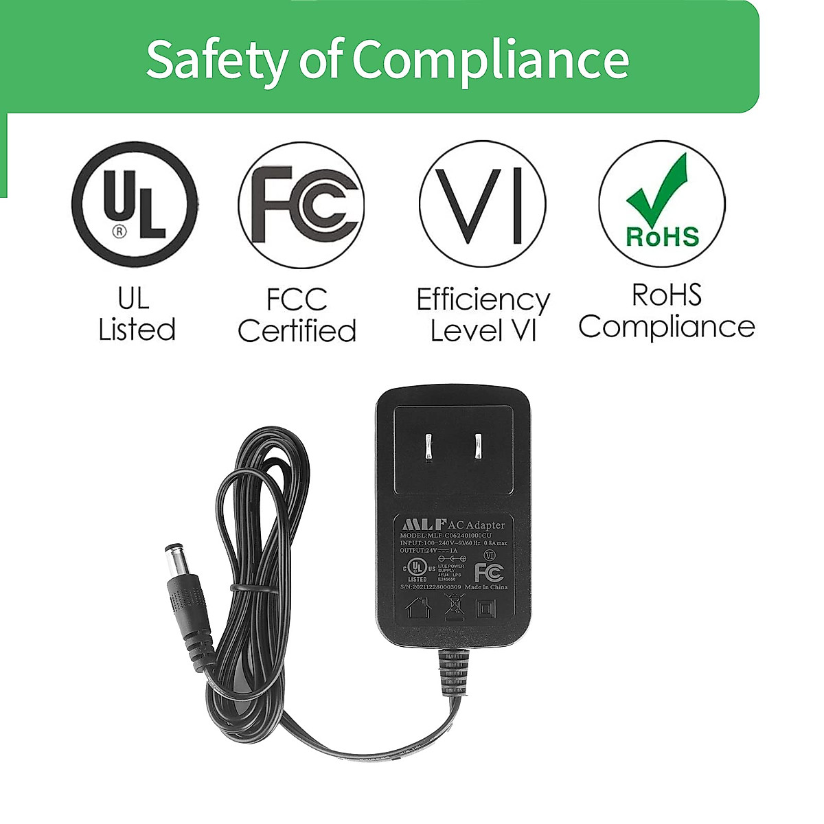 AC to DC 24V 1A Power Supply Adapter, Plug 5.5mm x 2.1mm UL Listed FCC