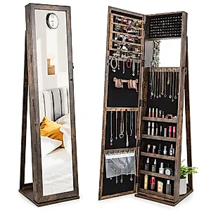 LOKO Lockable Jewelry Cabinet, Large Capacity Makeup Organizer with Full-Length Mirror, Built-in Makeup Mirror, 5 Storage Shelves, Floor Standing Jewelry Armoire for Living Room, Bedroom (Brown)