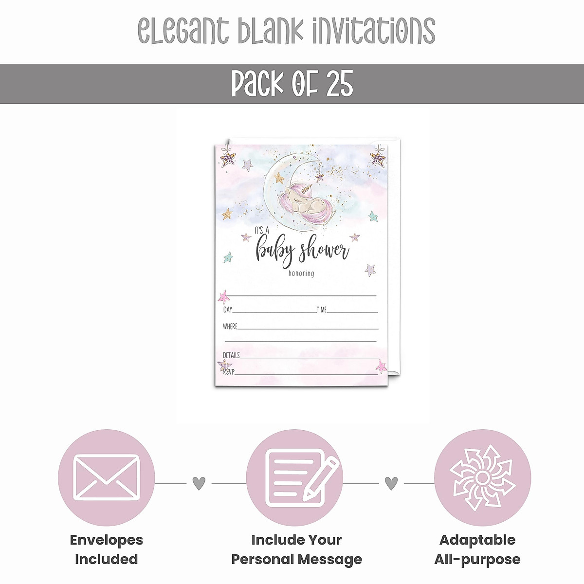 Paper Clever Party Unicorn Invitations with Envelopes - 25 Pack - 5x7 Blank Cards for Girls Baby Shower Handwrite Personalized Party Details - Rainbow Theme