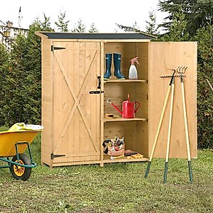 Outdoor 5.3ft Hx4.6ft L Wood Storage Shed Tool Organizer,Garden Shed, Storage Cabinet with Waterproof Asphalt Roof, Double Lockable Doors, 3-Tier Shelves for Backyard, Natural