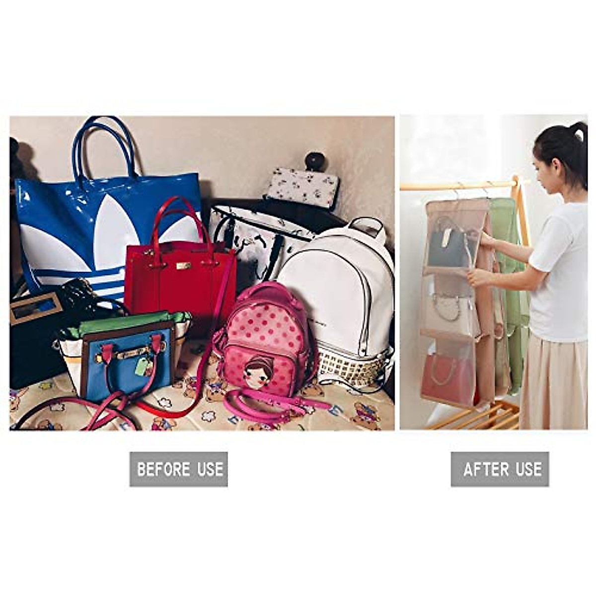 AARAINBOW 2 Pcs Hanging Handbag Organizer 6 Pockets Wardrobe Purse Hanger Closet Space Saving Purse Organizers Breathable Handbag Storage Organizer, Washable, 37 L x 13.8W (Gray+Green)