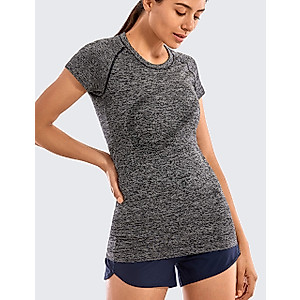 CRZ YOGA Seamless Workout Shirts for Women Short Sleeve Sports Tees Quick Dry Breathable Gym Athletic Tops Black and White Large