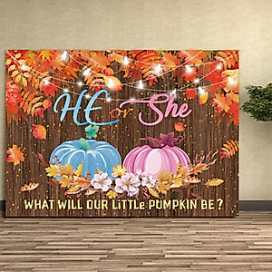 Moukeren 7 x 5 ft Fall Pumpkin Gender Reveal Backdrop He or She What Will Our Little Pumpkin Be Photography Background Party Supplies Thanksgiving Baby Shower Decoration Banner Photo Booth Props