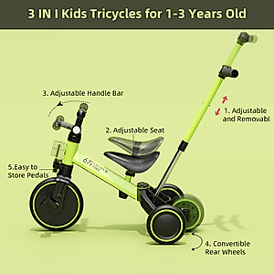 67i Tricycles for 1-3 Year Old Toddler Tricycle with Push Handle 1-3 Years Old Trikes for Toddlers Push Handle Kids Push Trike Toddler Bike Removable Pedals Adjustable Seat and Handle (Green)