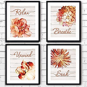 Relax Soak Unwind Breathe Bathroom Wood Wall Decor, Bathroom Wall Art, Bathroom Pictures Wall Decor, Bathroom Wood Decor Wall Art, Bathroom Signs, Bathroom Decor, Bathroom Decor Set of 4(8X10in) Unframed (Orange)