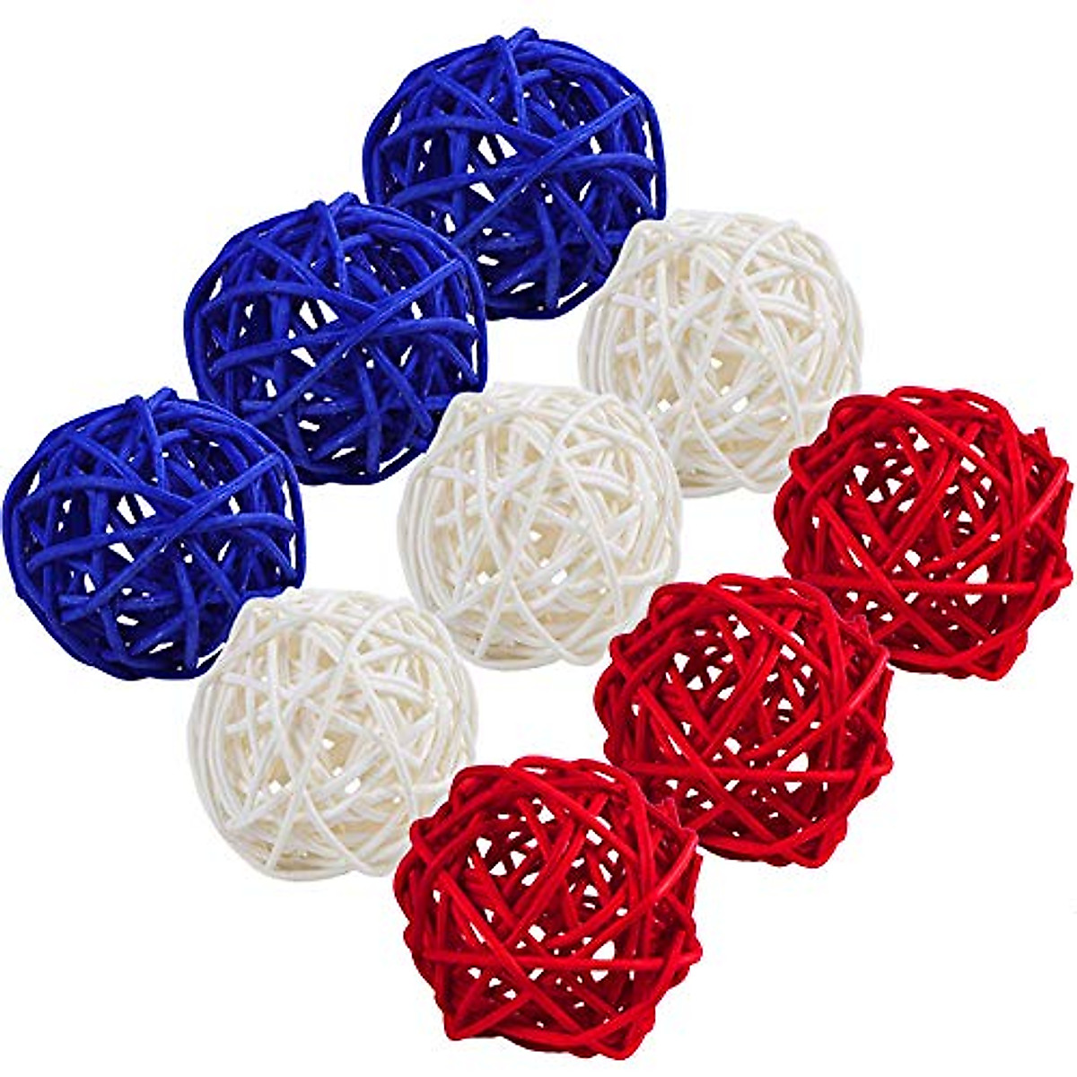 STMK 9 Pcs 3 Inch Wicker Balls Decorations, 4th of July Rattan Balls Decorative for Home Decor DIY Vase Bowl Filler Ornament Baby Room Nursery Décor Wedding Table Decoration (Red, White, Blue)