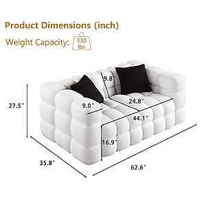 GNIXUU Cloud Sofa Couch, Modern Marshmallow Boucle Fabric Couches with Plastic Legs Upholstered Tufted Loveseat Sofa with 2 Pillows for Living Room, Bedroom, Office, 62 Inch Wide(White)