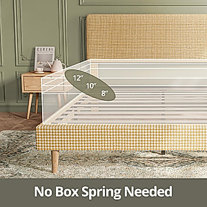 LIKIMIO Queen Bed Frame with Headboard, Fully Cotton Upholstered Foundation, Wooden Slats Support, Noise Free, No Box Spring Needed, Easy Assembly, Rustic Yellow and White Checkered
