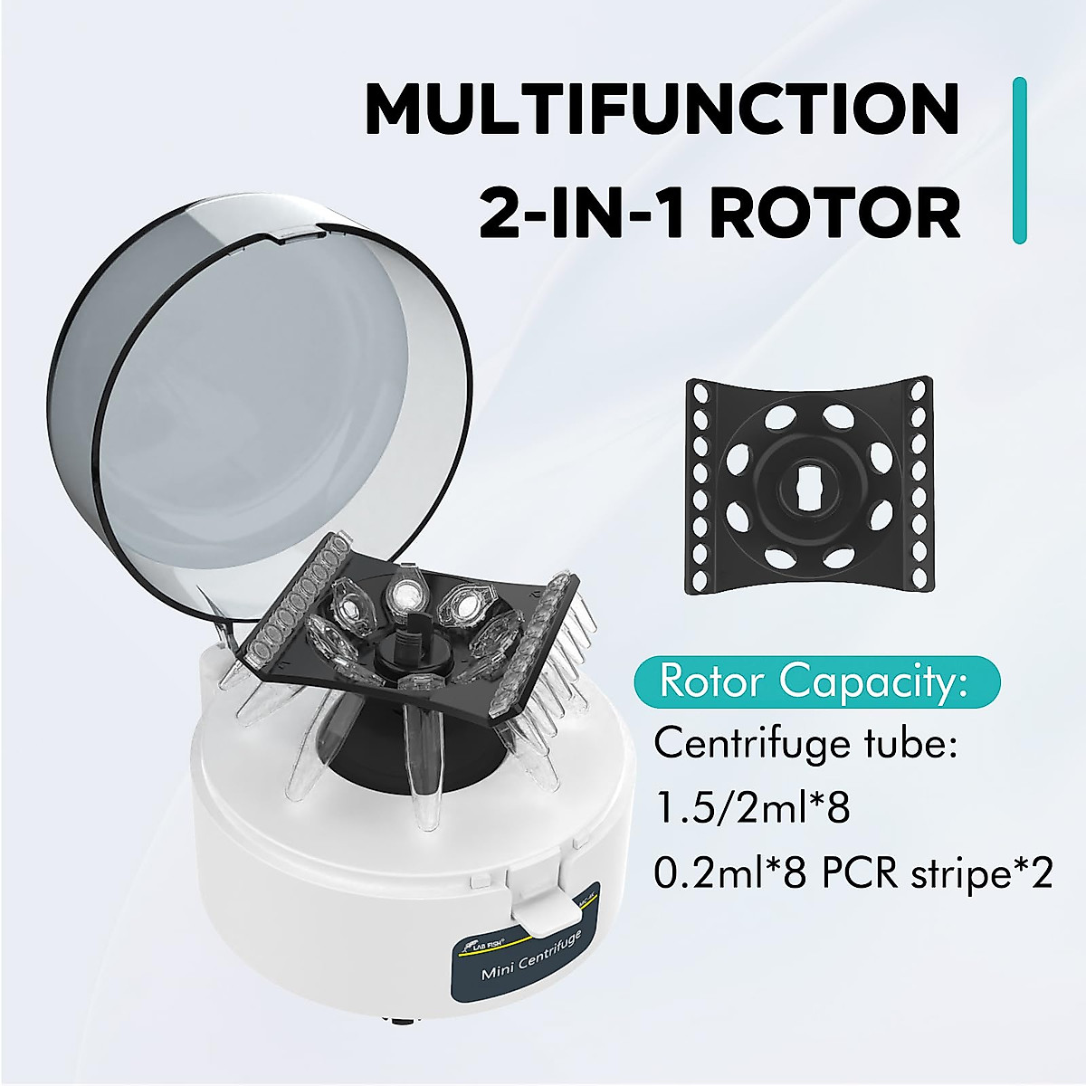 LAB FISH Mini Centrifuge Machine 4000 RPM,980 xg RCF,Lab Benchtop Microcentrifuge W/ 2-in1 Rotor for 0.2/1.5/2ml Capacity Scientific Test Tubes