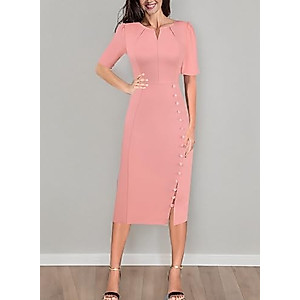 VFSHOW Womens Wear to Work Buttons Slit Pleated Notch V Neck Flattering Business Party Office Church Slim Bodycon Pencil Sheath Midi Dress (Peach Pink, X-Large) 10246 PIK XL
