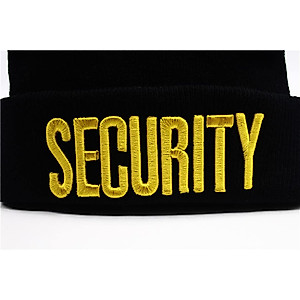 NC Men's Security Black with White Yellow Letters Long Knitted Cuffed Beanie Folded Embroidered Beanie Skull Watch Cap Hat (Gold Color)