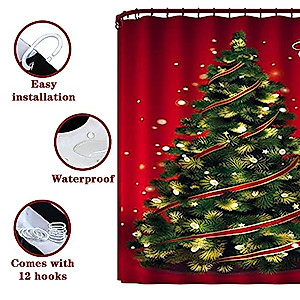 WISREMT Christmas Shower Curtain 4 Piece Sets with Non-Slip Rugs, Toilet Lid Cover and Bath Mat, Santa Elk Xmas Tree Truck Waterproof Shower Curtain with 12 Hooks Bathroom Set Holiday Home Decor