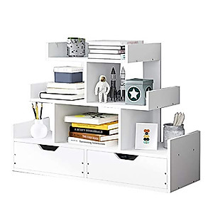 Desktop Bookshelf Magazine Rack 2-Drawer Divide Partition Stratification Storage Rack Office Desk Home 60X17X51CM MUMUJIN (Color : White)
